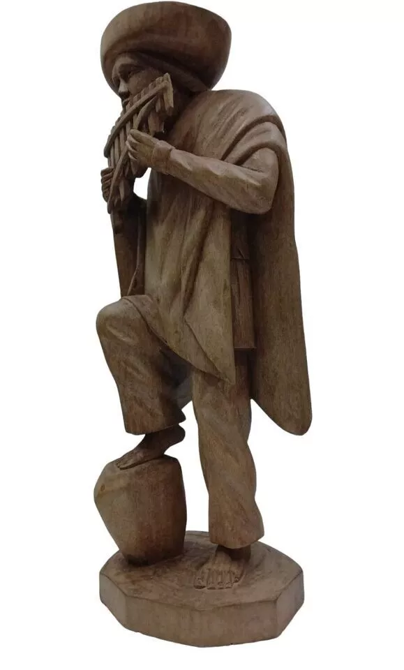 Flute Player Wooden Statue Mahogany Figurine Vintage Hand Carved South ...