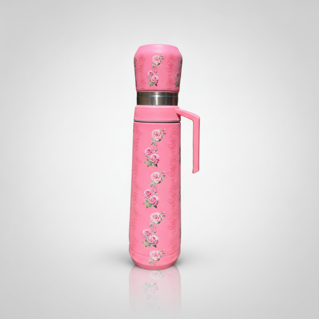 Elegant Pink Rose Floral Insulated Thermos Bottle with Cup Handle for ...