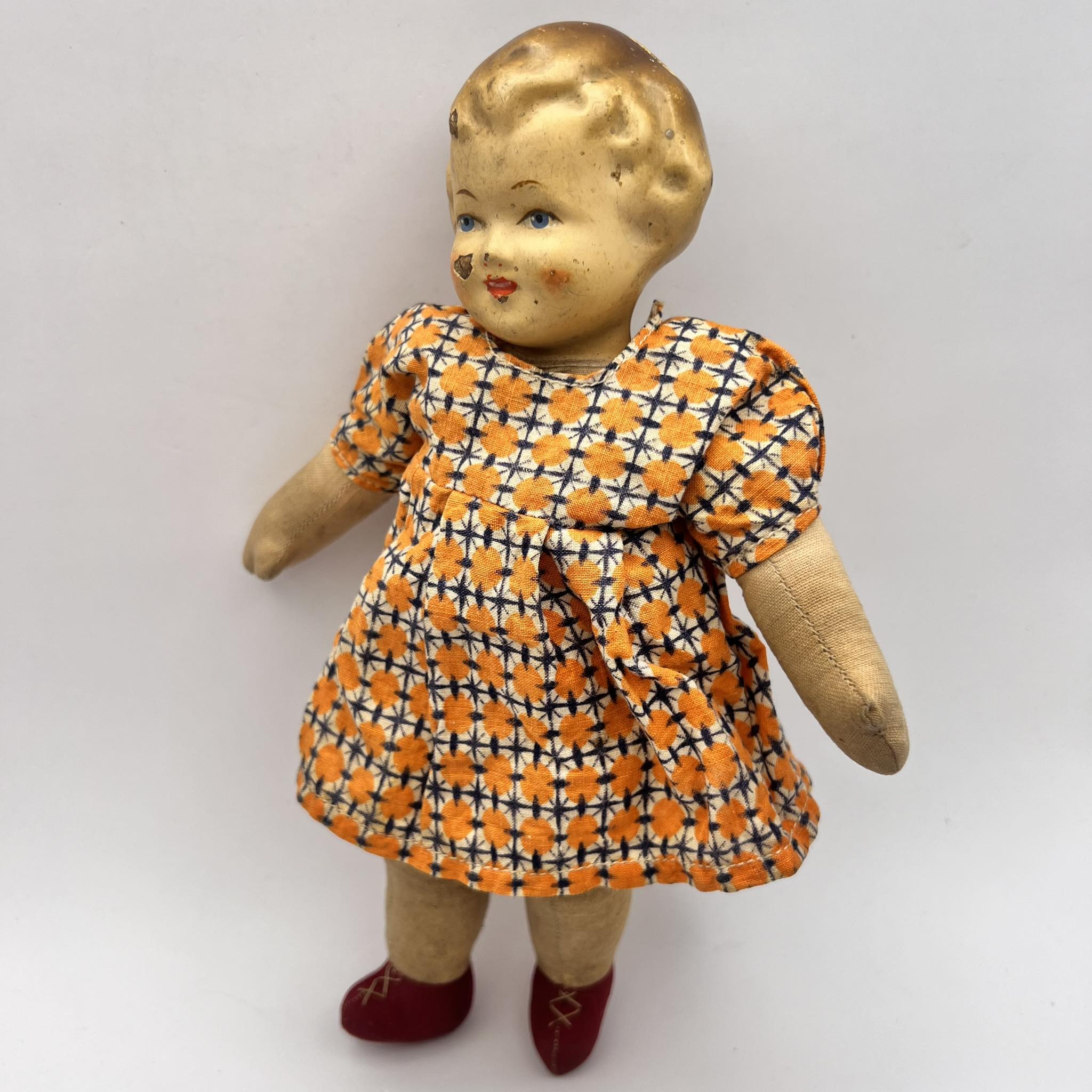 Antique USSR Kids Toy Girl Doll Hand Made Body Stuffed Cloth Head Sawdust