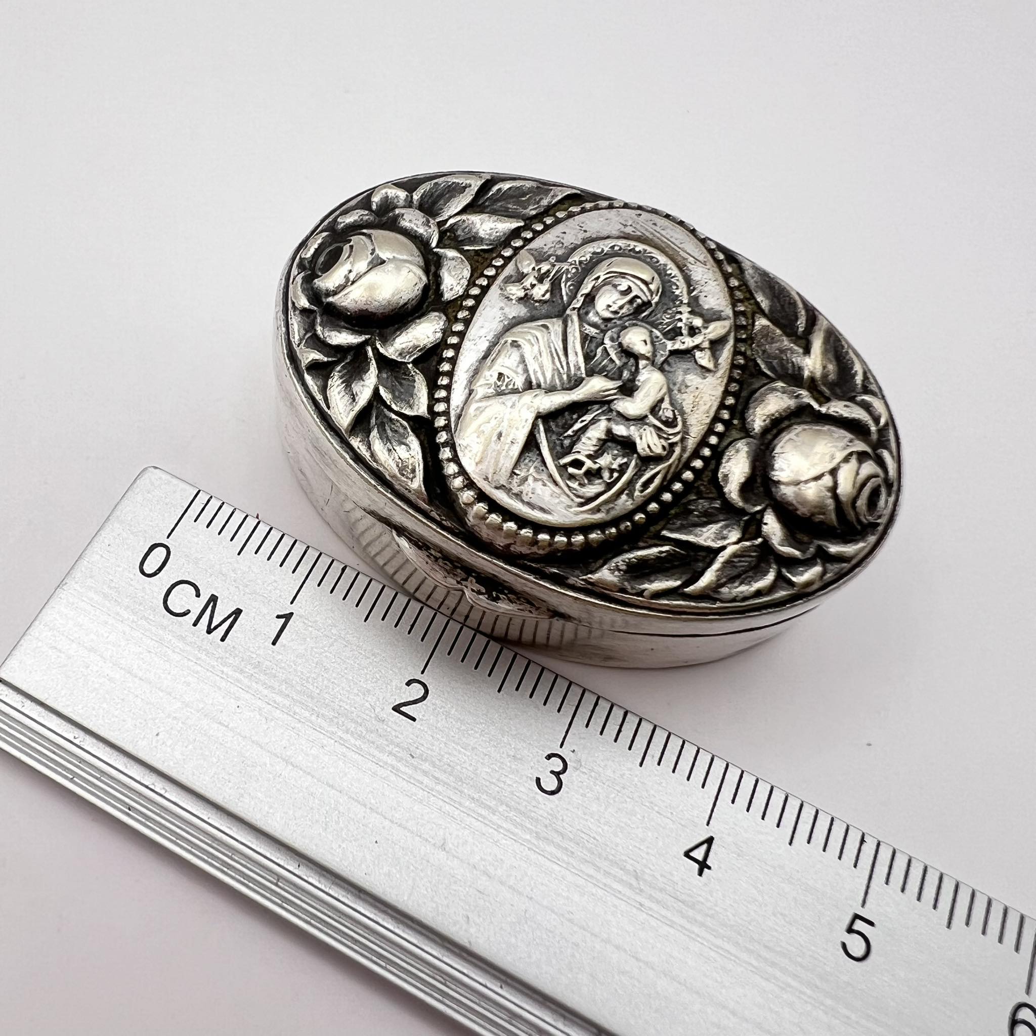 Antique Old Miniature Christian Silver Reliquary Box Virgin Mary and Jesus