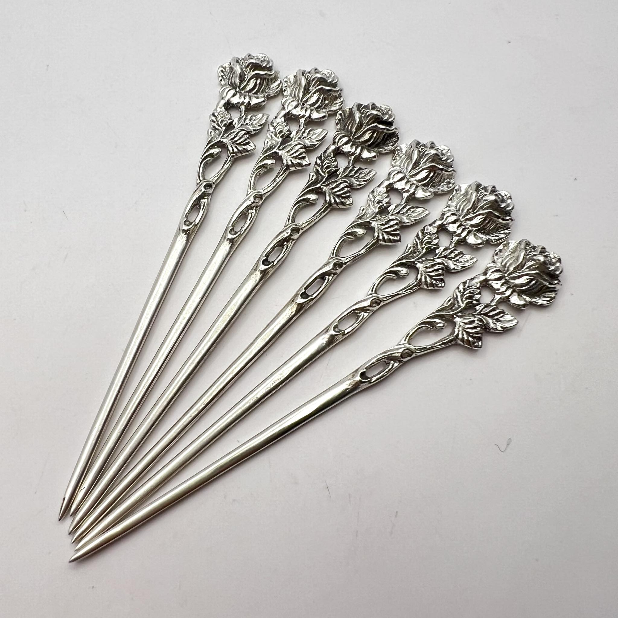 Vintage Set 6 Silver 835 Olivenpicker Cocktail Skewers Hildesheimer ...