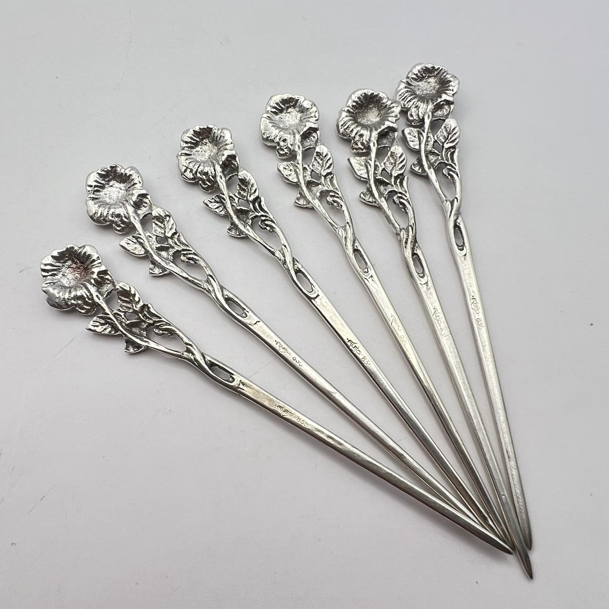Vintage Set 6 Silver 835 Olivenpicker Cocktail Skewers Hildesheimer ...