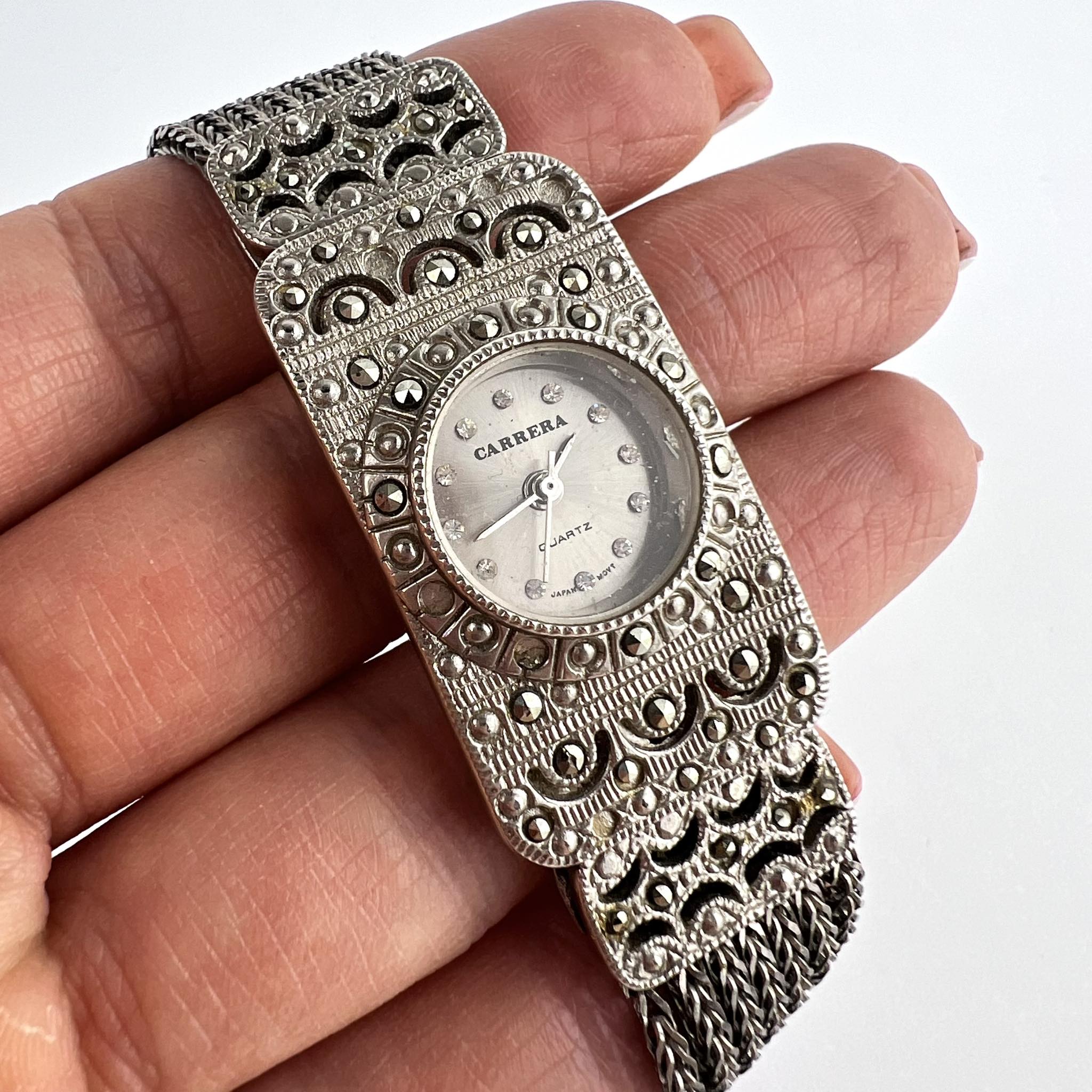 Vintage Marcasite Womens Wrist Watch Silver Tone Mesh Quartz Japan Working