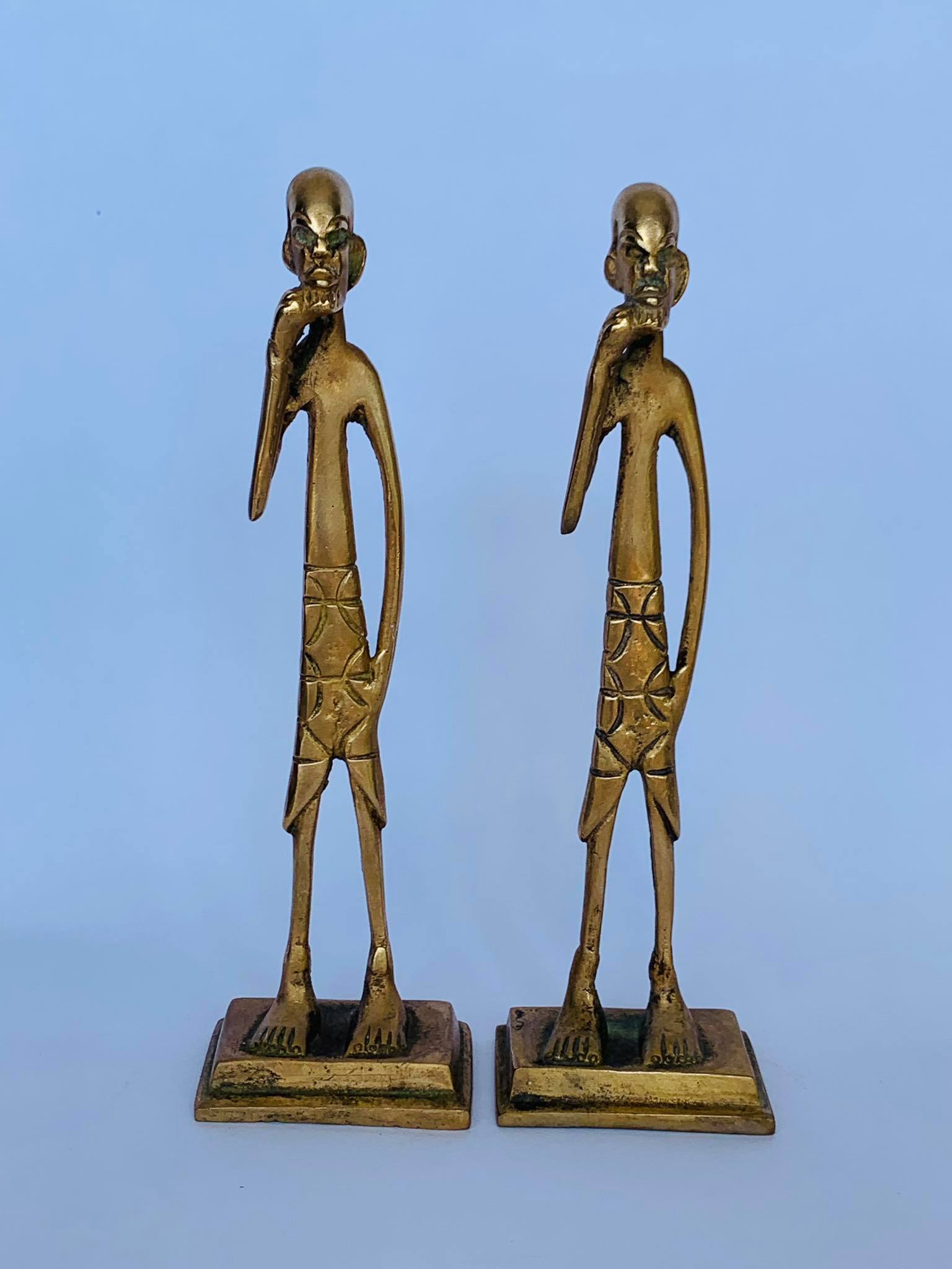 Pair Vintage Bronze Brass African Men Figure Statue Collectible Home Decor