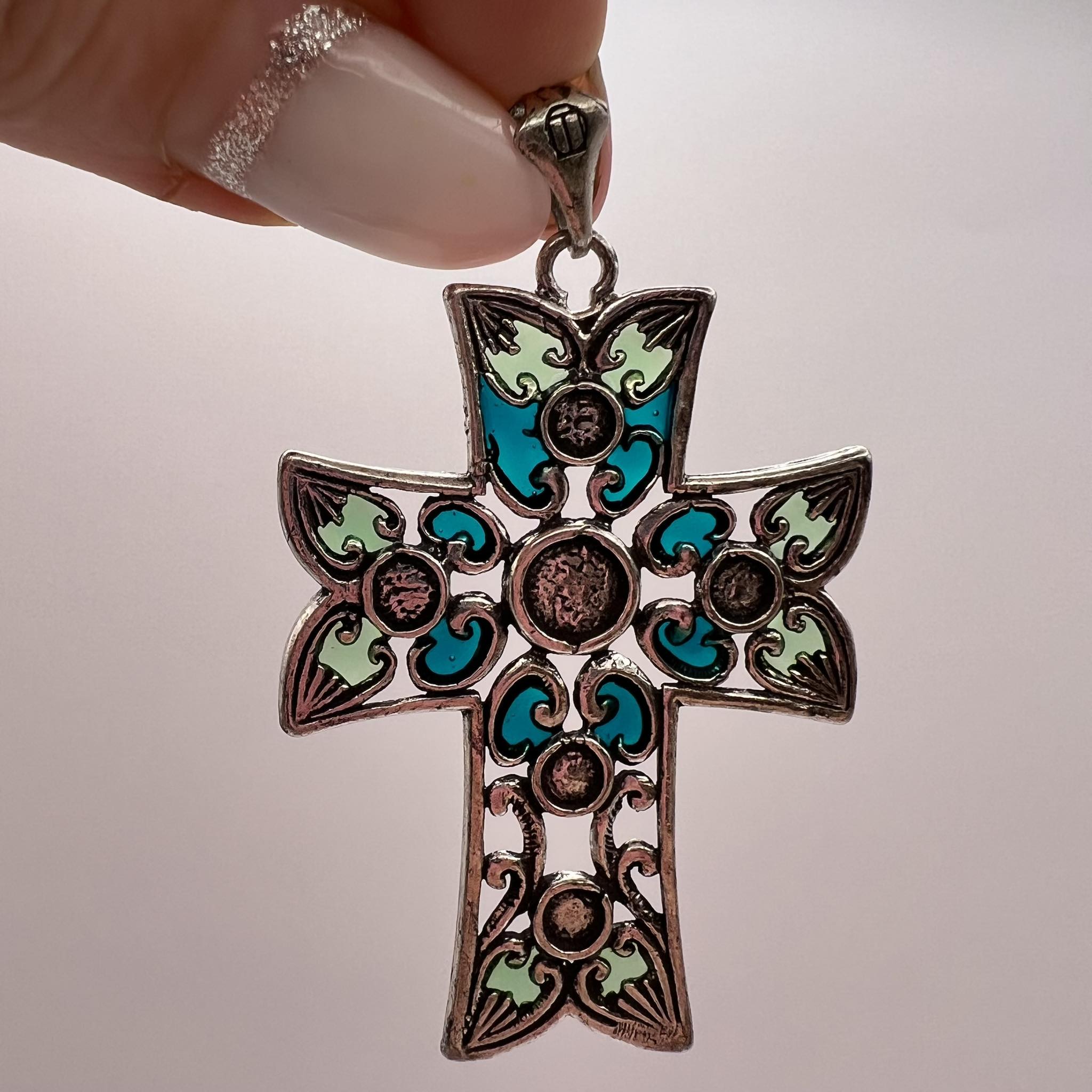 Vintage Christian Cross Pendant Silvered with Colored Stained Glass Enamel